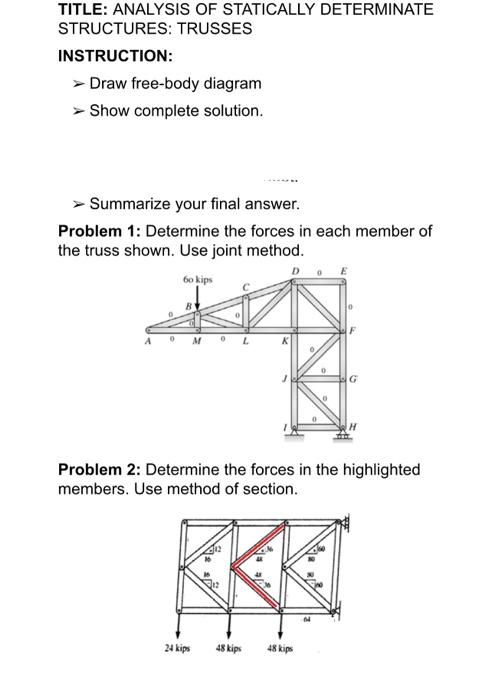 Solved Problem 1: Determine the forces in each member of the | Chegg.com