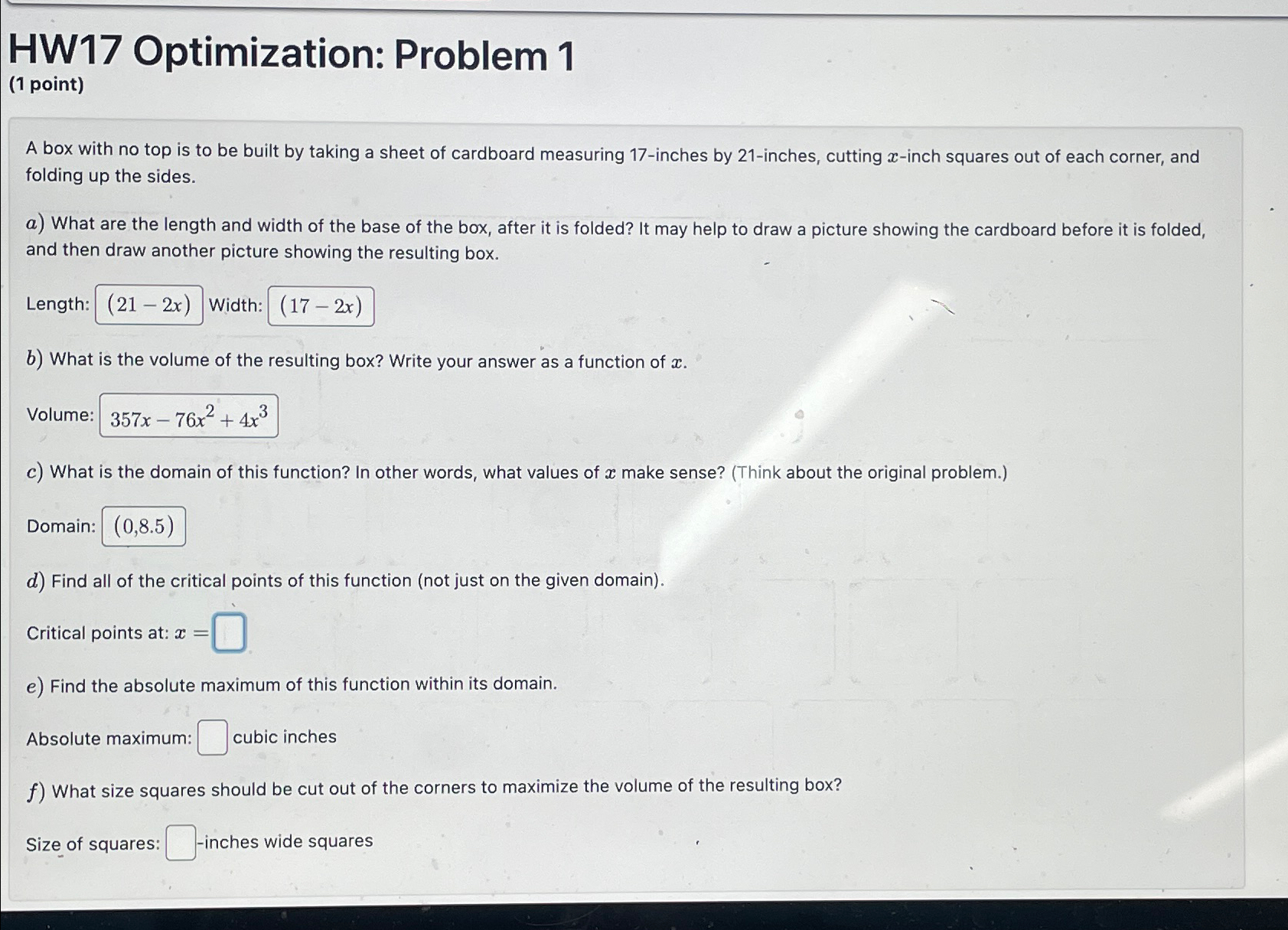 Solved HW17 ﻿Optimization: Problem 1(1 ﻿point)A box with no | Chegg.com