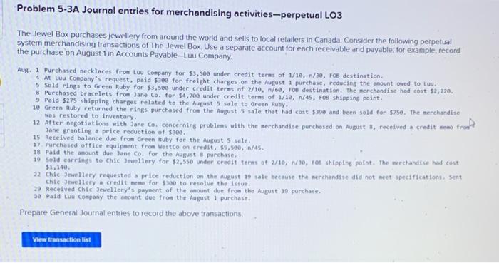 Solved Problem 5-3A Journal entries for merchandising | Chegg.com