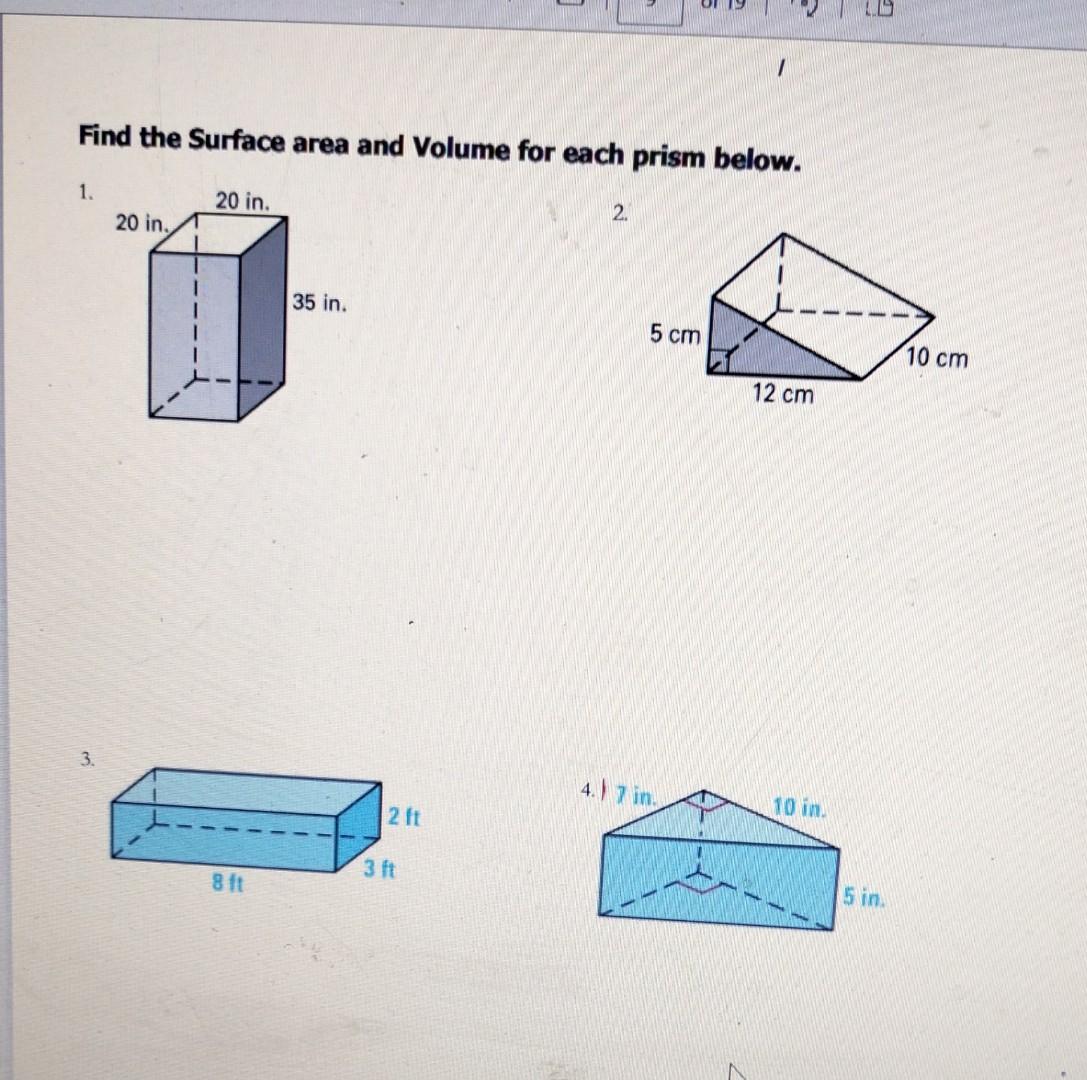 Solved Find the Surface area and Volume for each prism | Chegg.com