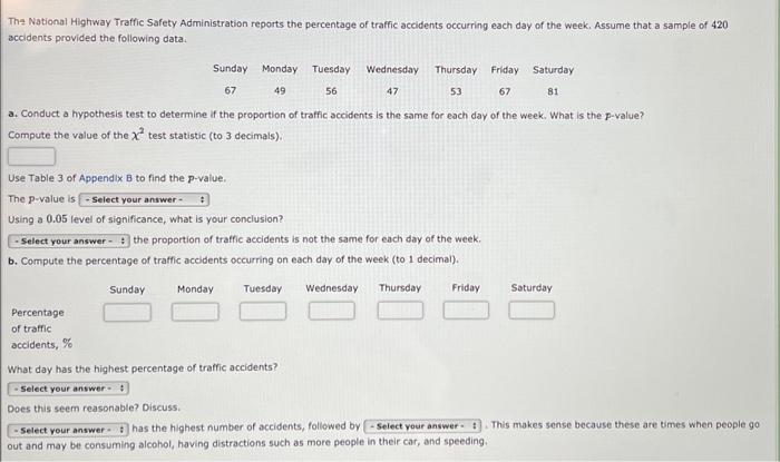 Solved Tha National Highway Traffic Safety Administration | Chegg.com
