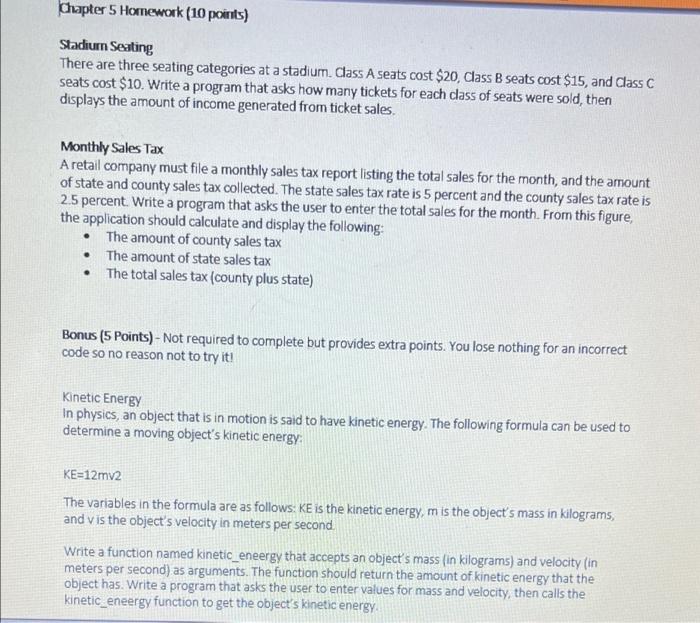 Solved Chapter 5 Homework (10 points) Stadium Seating There | Chegg.com