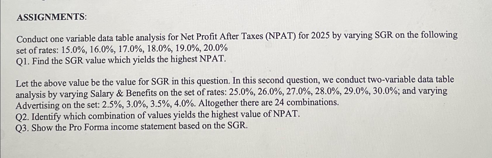 Solved ASSIGNMENTS:Conduct one variable data table analysis | Chegg.com