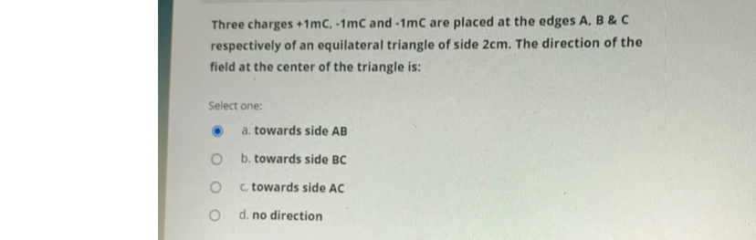 Solved Three charges +1mC,-1mC ﻿and -1mC ﻿are placed at the | Chegg.com