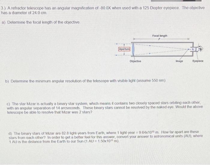 Solved 3.) A refractor telescope has an angular | Chegg.com