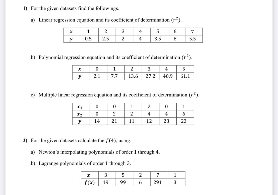 Solved For the given datasets find the followings.a) ﻿Linear | Chegg.com