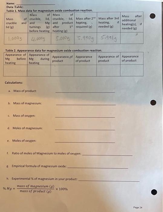 Solved Name: Data Table: Table 1. Mass data for magnesium | Chegg.com