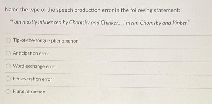 Solved Name the type of the speech production error in the | Chegg.com
