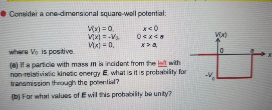 Solved Consider a one-dimensional square-well potential: 0 | Chegg.com