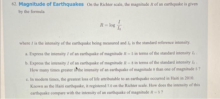 Solved 62. Magnitude of Earthquakes On the Richter scale, | Chegg.com