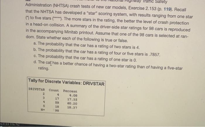 Solved Administration (NHTSA) crash tests of new car models, | Chegg.com