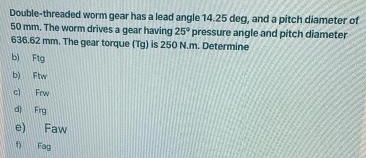 Solved Double-threaded worm gear has a lead angle 14.25deg, | Chegg.com