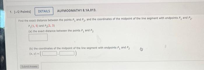 Solved Find the exact distance between the points P1 and P2, | Chegg.com