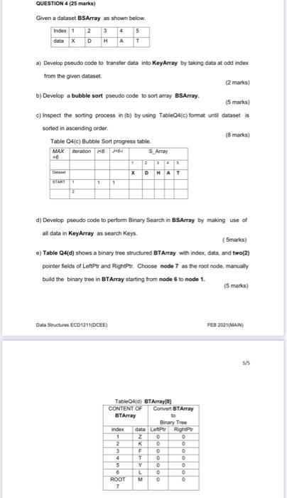 Solved QUESTION 4 (25 marks) Given a dataset BSArray as | Chegg.com