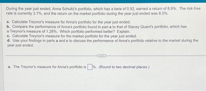 During the year just ended, Anna Schultz's portfolio, | Chegg.com
