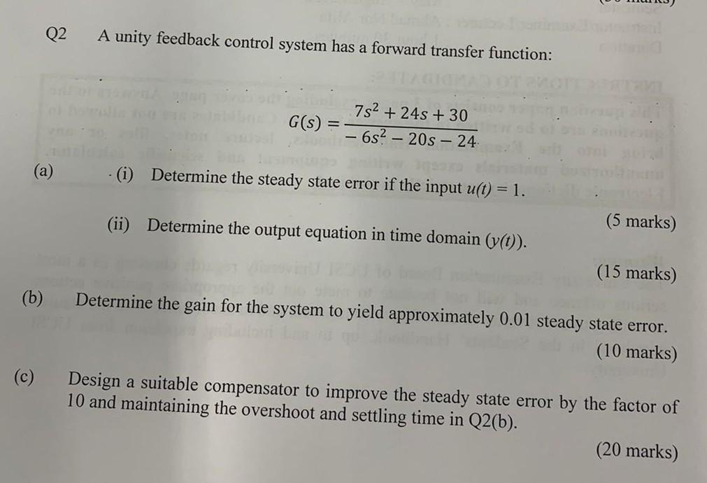 Solved Q2 A unity feedback control system has a forward | Chegg.com