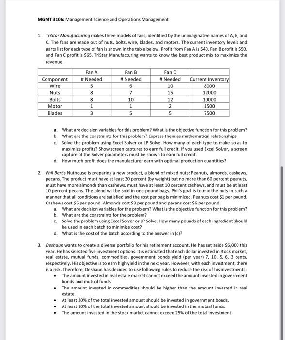 Solved MGMT 3106: Management Science and Operations | Chegg.com