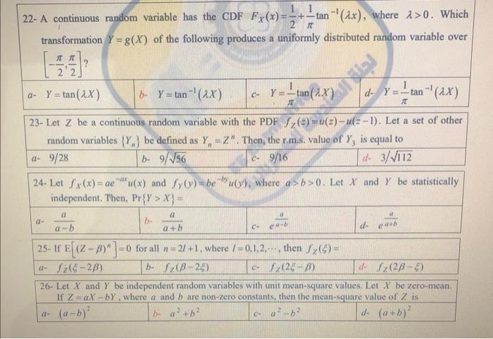 22- A continuous random variable has the CDF | Chegg.com