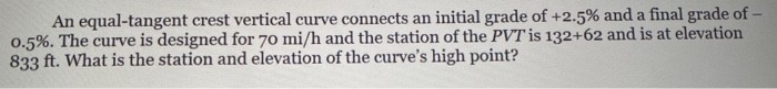 Solved An equal-tangent crest vertical curve connects an | Chegg.com