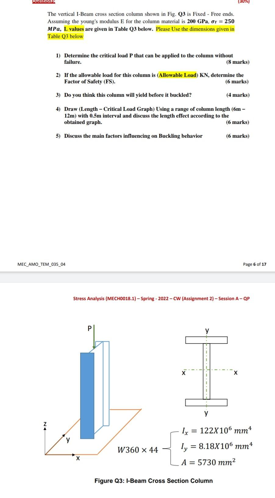 Solved Questions: (30%) The vertical I-Beam cross section | Chegg.com