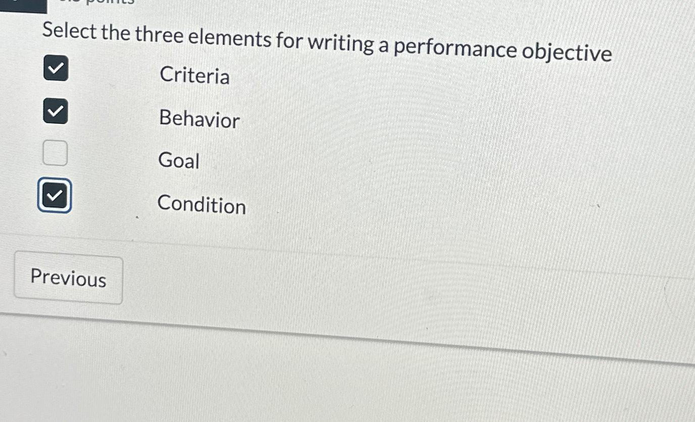 Solved Select the three elements for writing a performance | Chegg.com