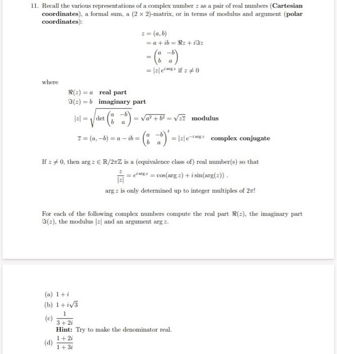 Solved 11. Recall the various representations of a complex | Chegg.com