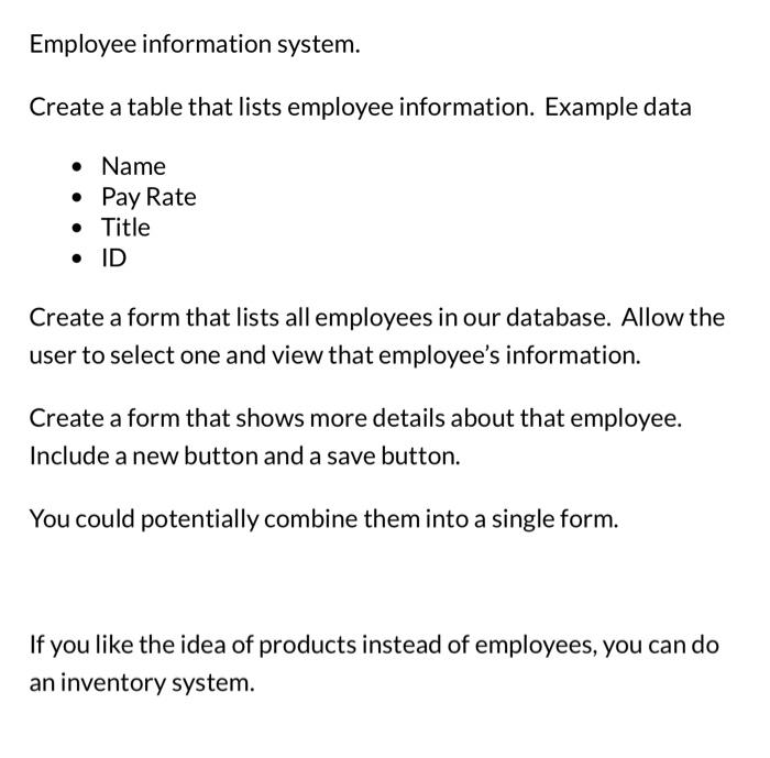 Solved Employee information system. Create a table that | Chegg.com