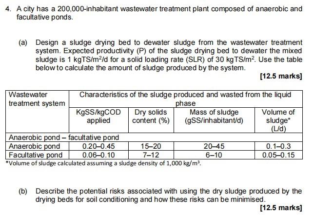 Solved 4. A city has a 200,000 -inhabitant wastewater | Chegg.com