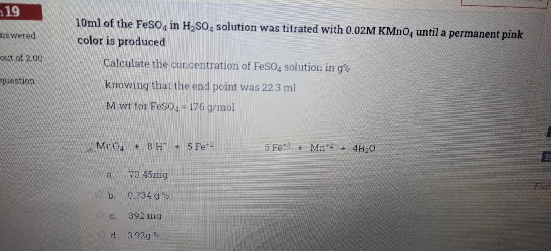 Solved 119 10ml of the FeSO4 in H2SO4 solution was titrated | Chegg.com