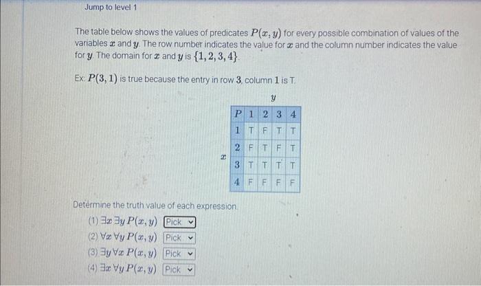 Solved The table below shows the values of predicates P(x,y) | Chegg.com