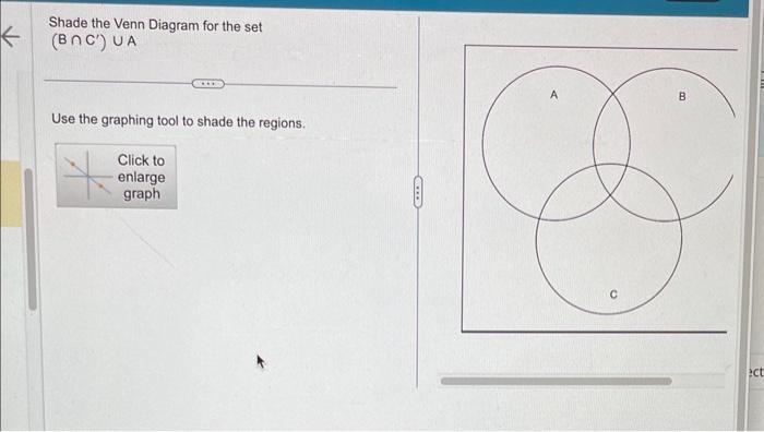 Solved Shade the Venn Diagram for the set (B∩C′)∪A Use the | Chegg.com