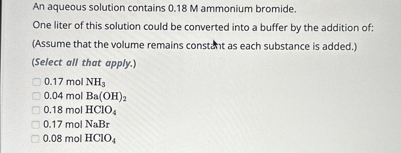 Solved An aqueous solution contains 0.18M ﻿ammonium | Chegg.com