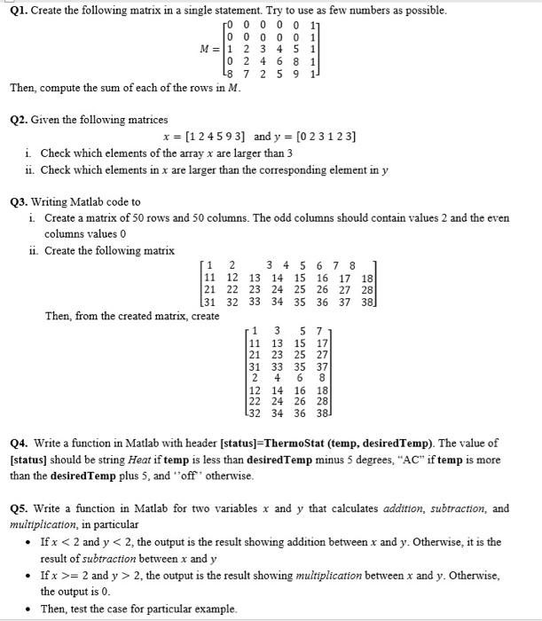 Solved Q1. Create the following matrix in a single | Chegg.com