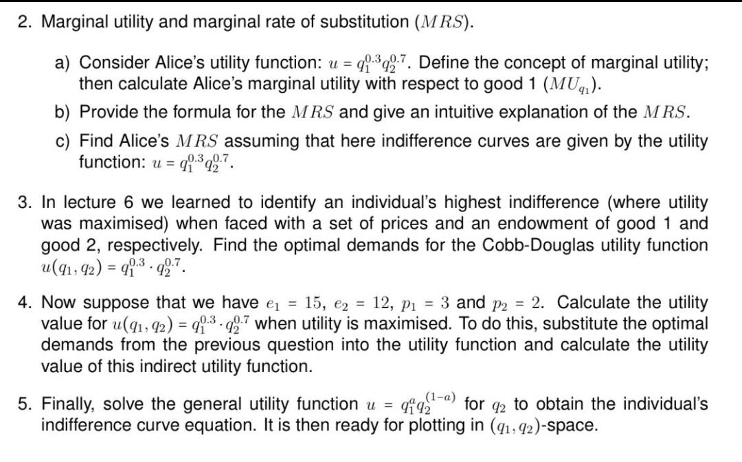Solved 2. Marginal utility and marginal rate of substitution | Chegg.com
