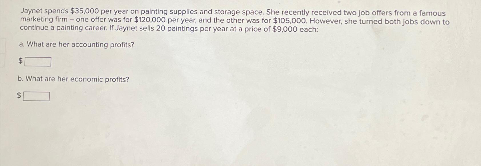 Solved Jaynet spends $35,000 per year on painting supplies | Chegg.com Solved Jaynet spends $35,000 per year on painting supplies | Chegg.com