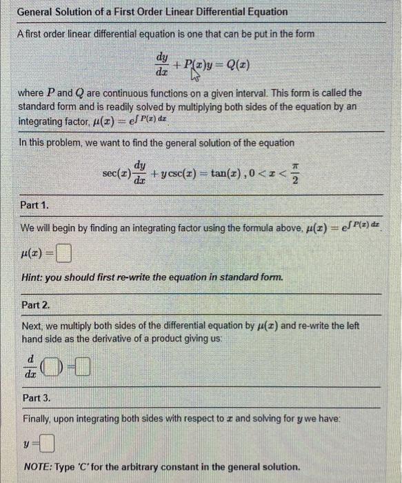 Solved General Solution of a First Order Linear Differential | Chegg.com