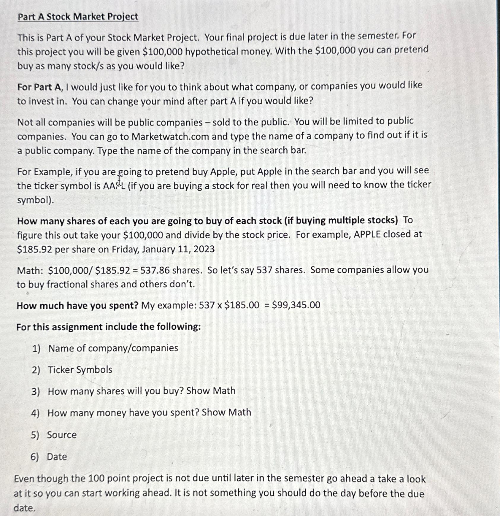 Solved Part A Stock Market ProjectThis is Part A of your | Chegg.com