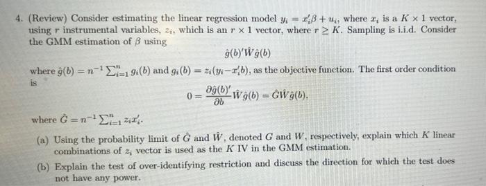 Solved 4. (Review) Consider estimating the linear regression | Chegg.com