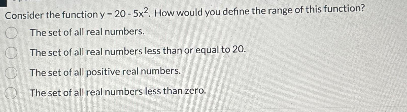 Solved Consider the function y=20-5x2. ﻿How would you define | Chegg.com