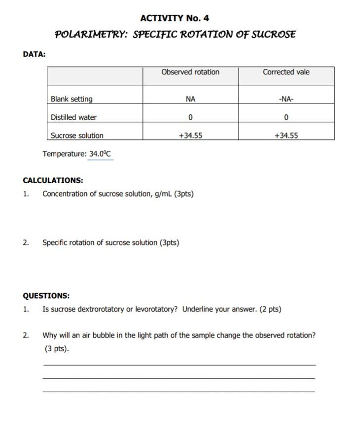 Solved ACTIVITY No. 4 POLARIMETRY: SPECIFIC ROTATION OF | Chegg.com