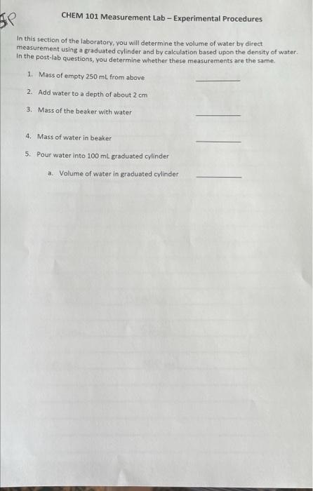 Solved CHEM 101 Measurement Lab - Experimental Procedures | Chegg.com