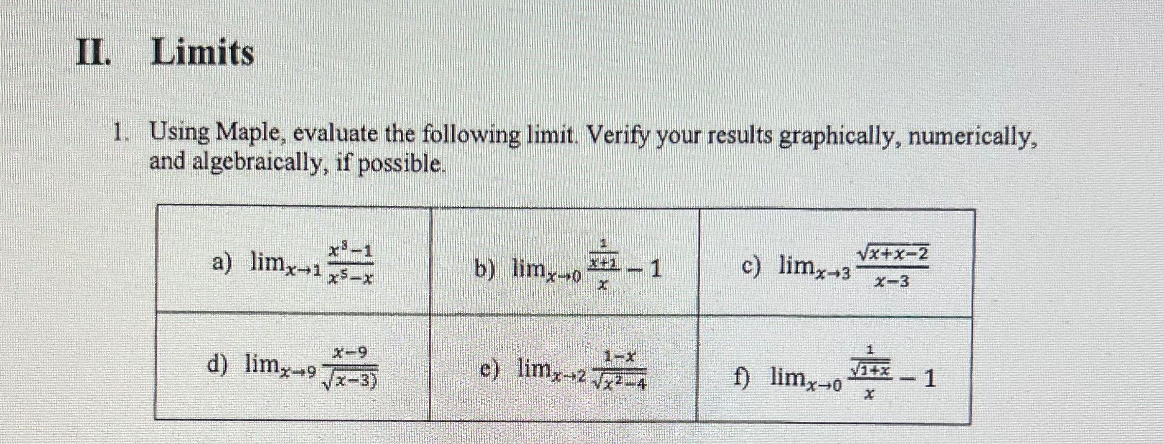 Solved II. ﻿LimitsUsing Maple, evaluate the following limit. | Chegg.com