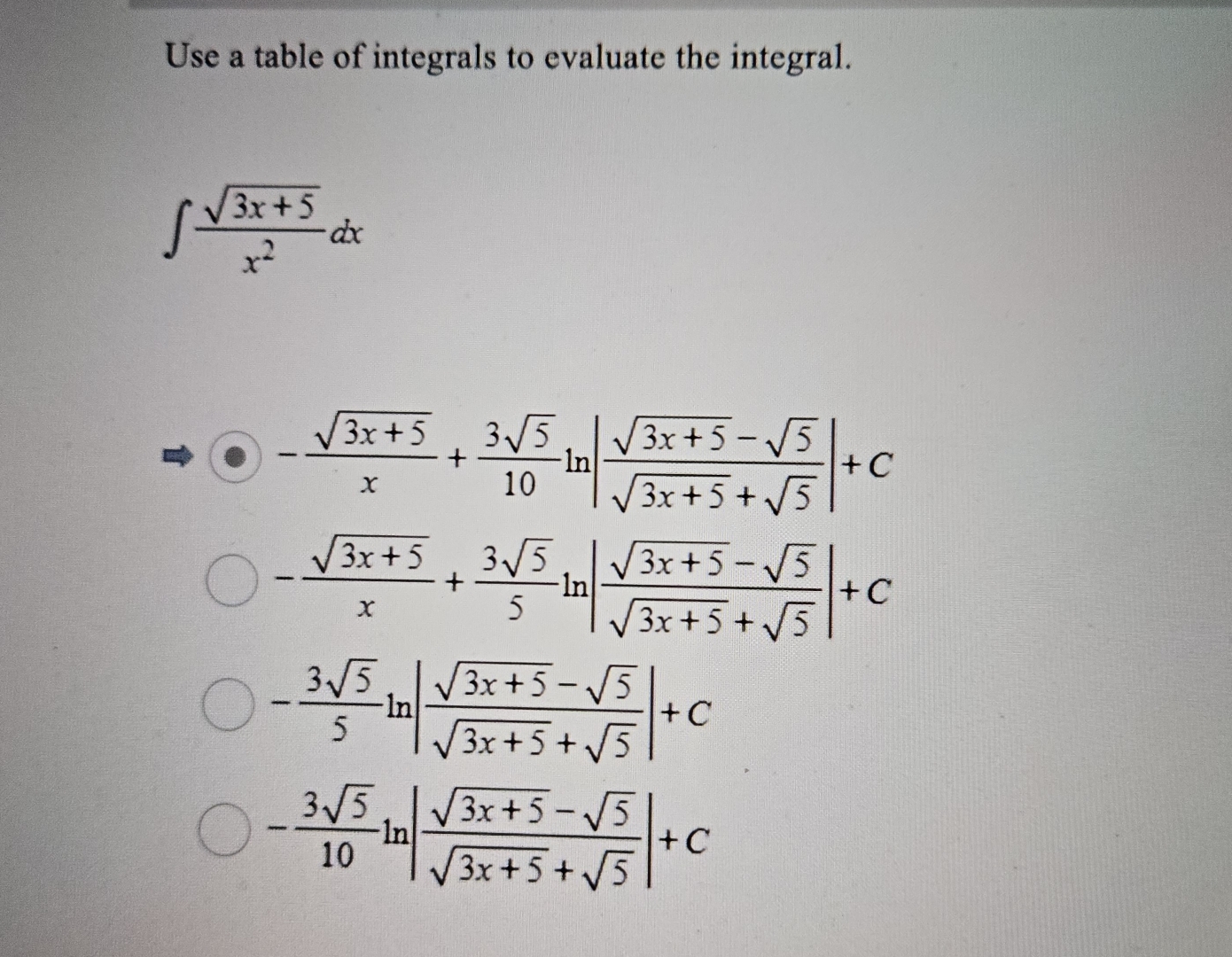 Solved Use a table of integrals to evaluate the | Chegg.com