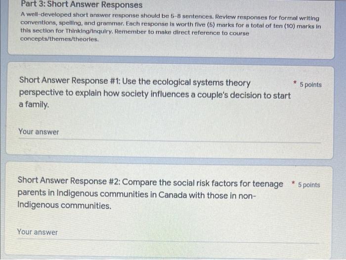 Part 3: Short Answer Responses A well-developed short | Chegg.com