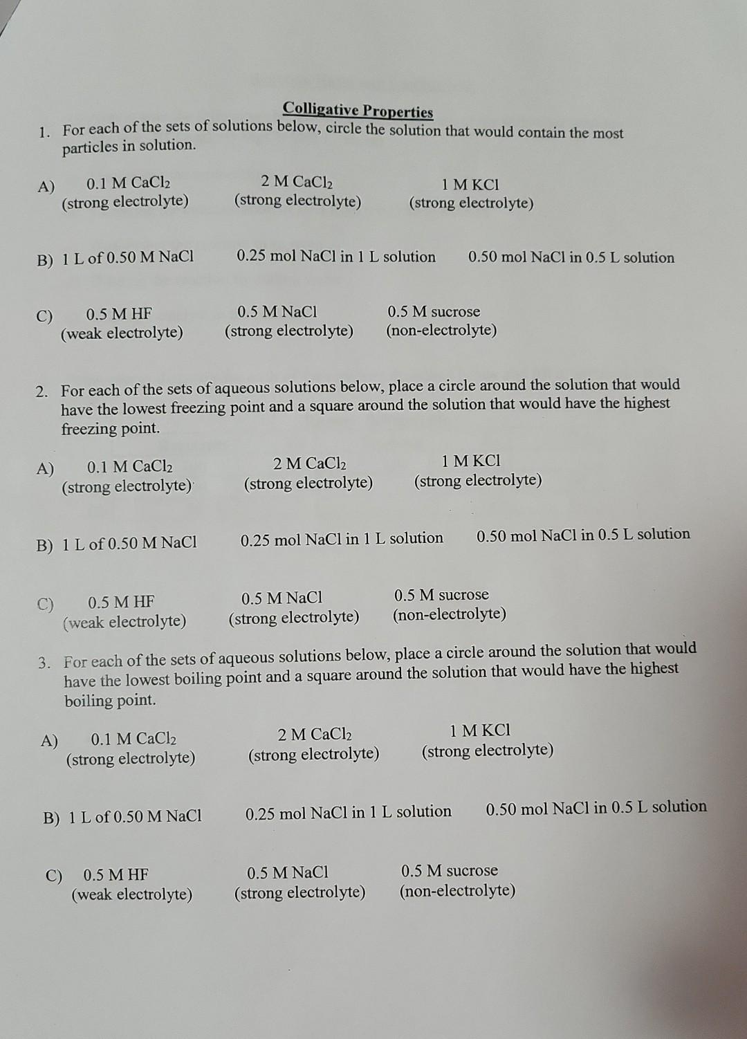 Solved Colligative Properties 1. For each of the sets of | Chegg.com