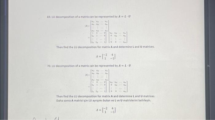 Solved 69. LU decomposition of a matrix can be represented | Chegg.com