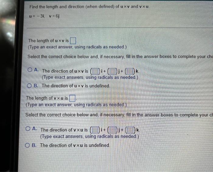 Solved Find the length and direction (when defined) of u xv | Chegg.com