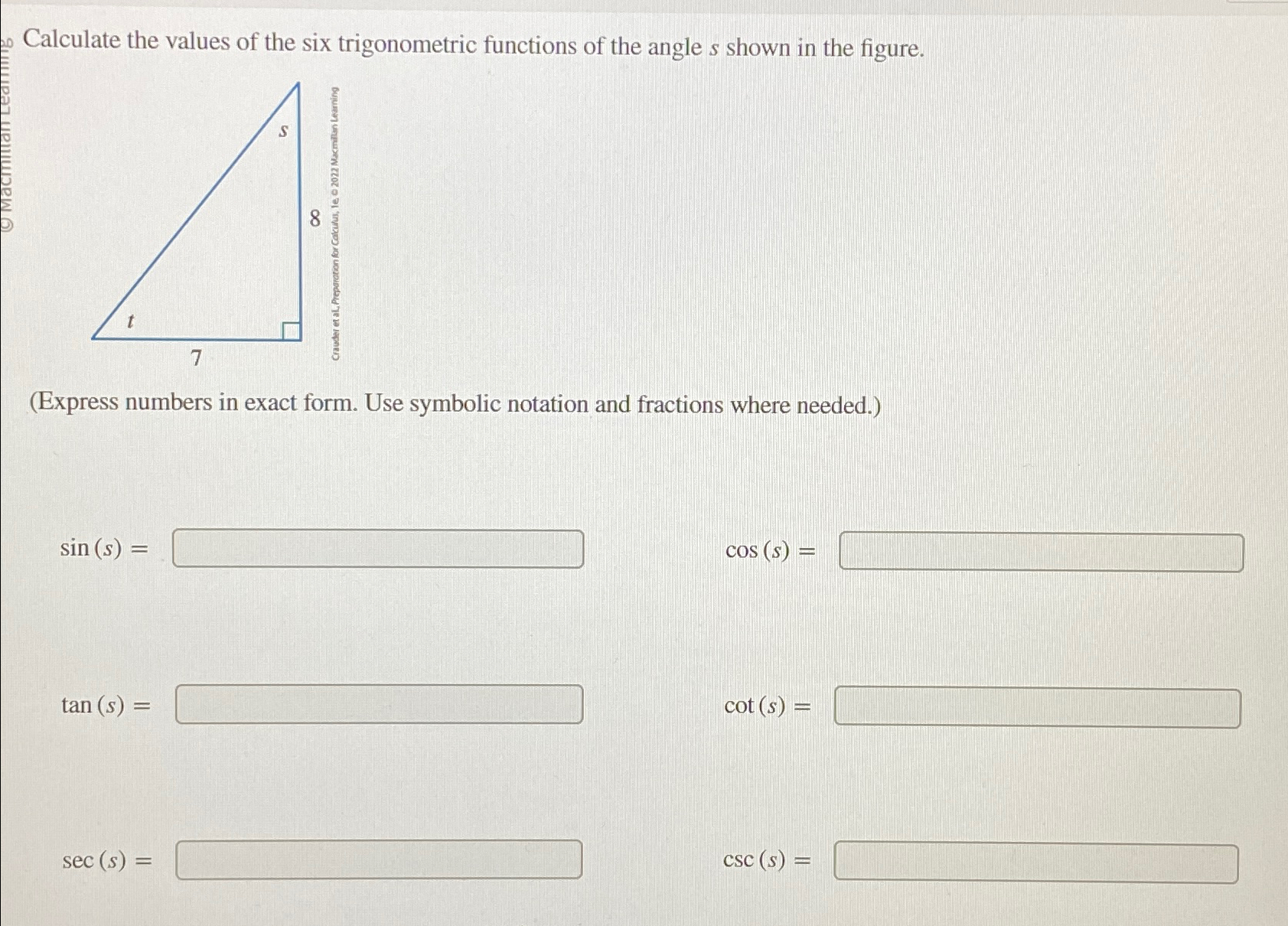 Calculate the values of the six trigonometric | Chegg.com