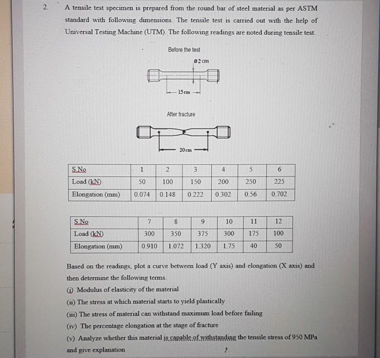 Solved 2. A tensile test specimen is prepared from the round | Chegg.com