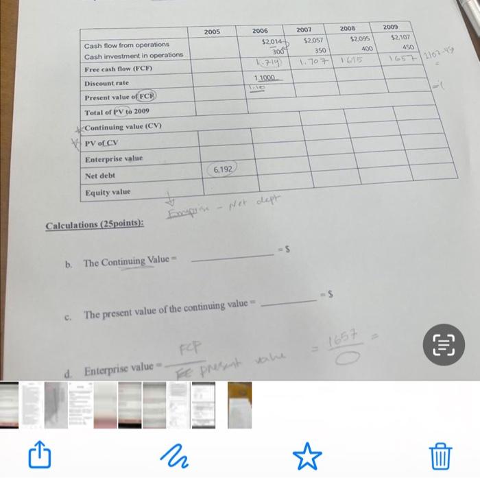 c. The present value of the continuing value = | Chegg.com